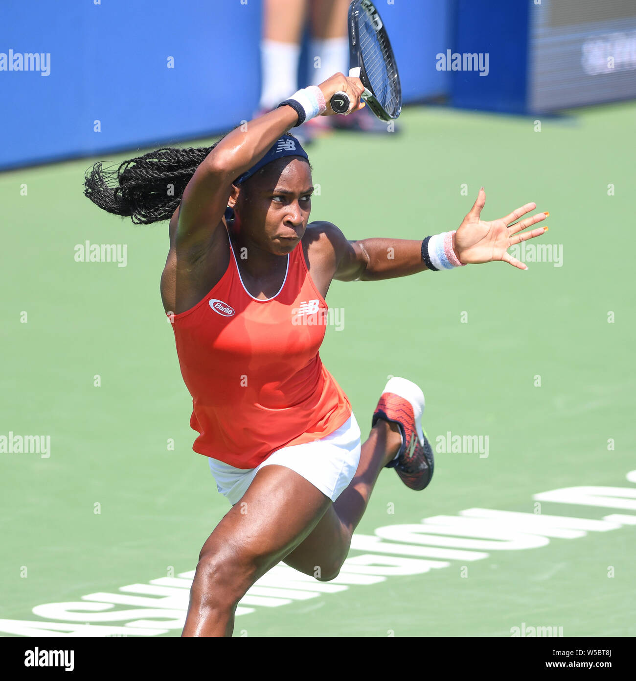 Washington DC, USA. 27th July, 2019. COCO GAUFF hits a forehand at the ...