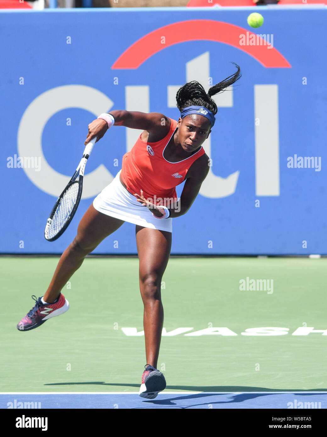 Washington DC, USA. 27th July, 2019. COCO GAUFF hits a serve at the ...