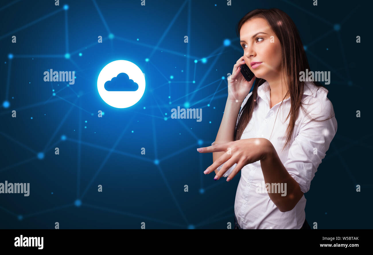 Person talking on the phone with blue cloud technology concept Stock Photo - Alamy