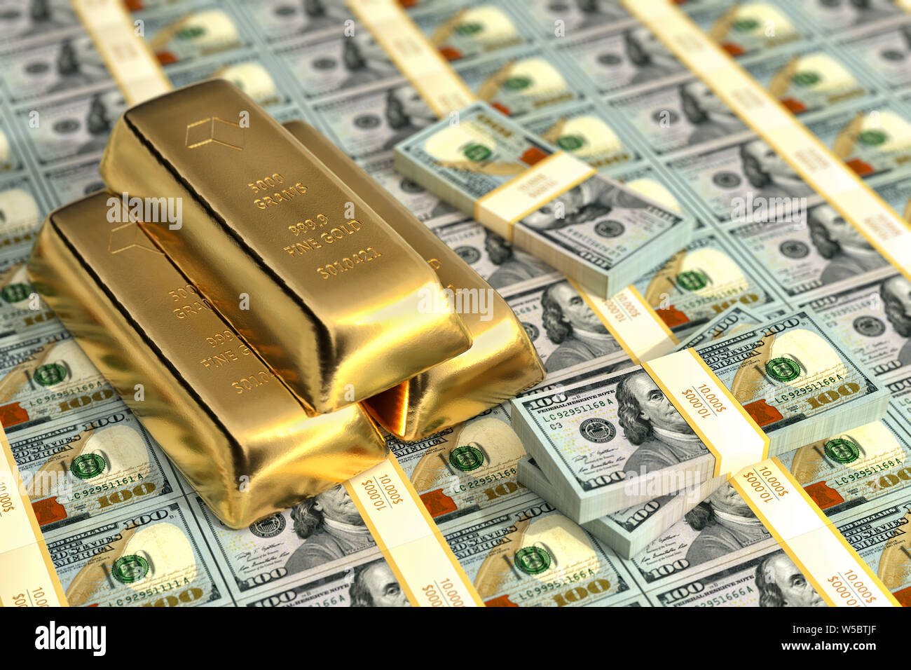 Gold bar and 100 Dollar banknotes - 3D Rendering Stock Photo - Alamy