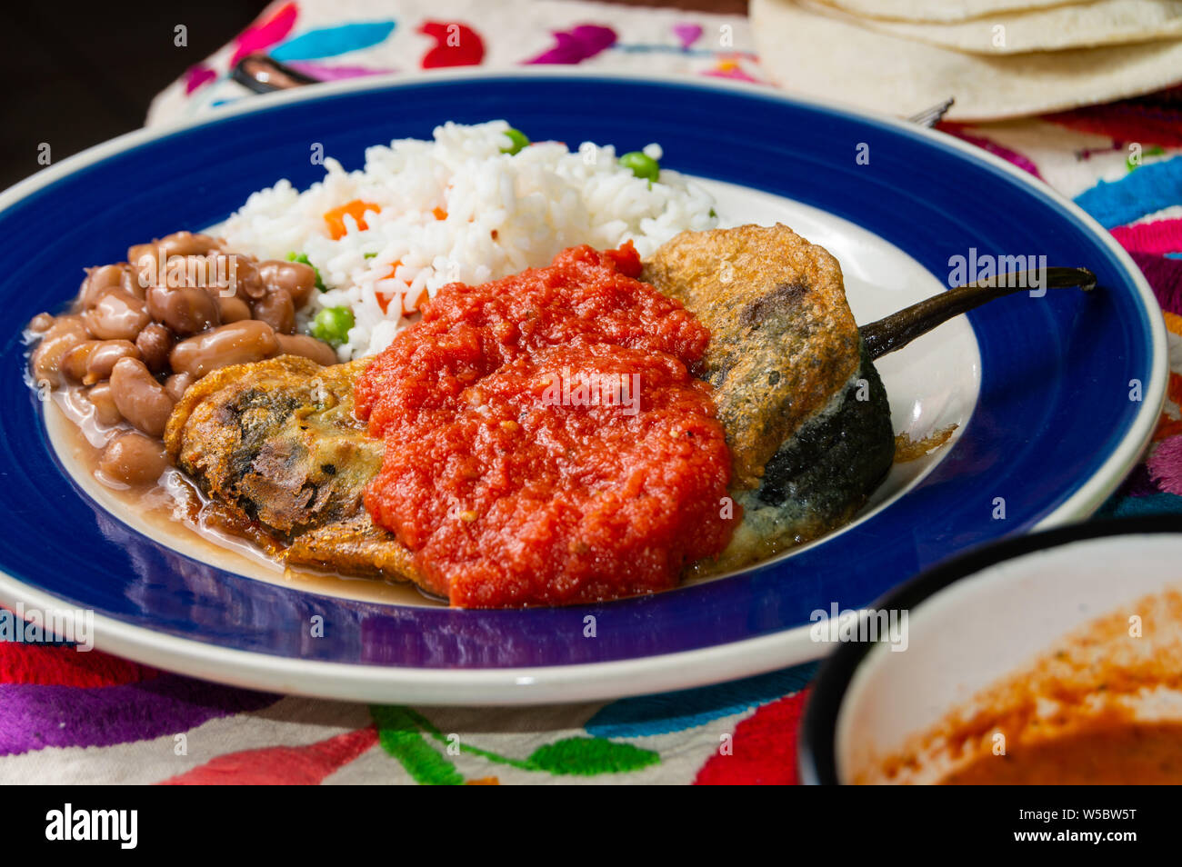 Mexican stuffed chilies (Chiles Rellenos), poblano chilies filled with ...