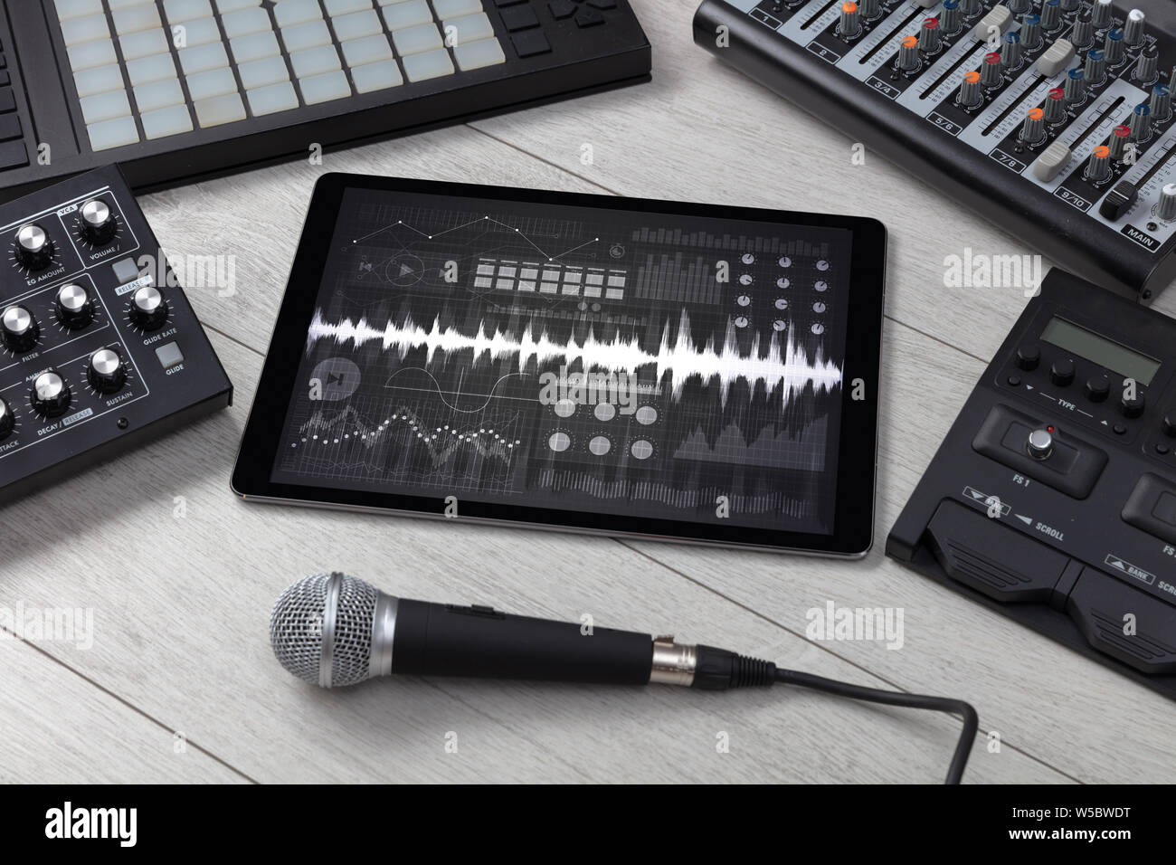 Music instruments and tablet with recording sound concept Stock Photo ...
