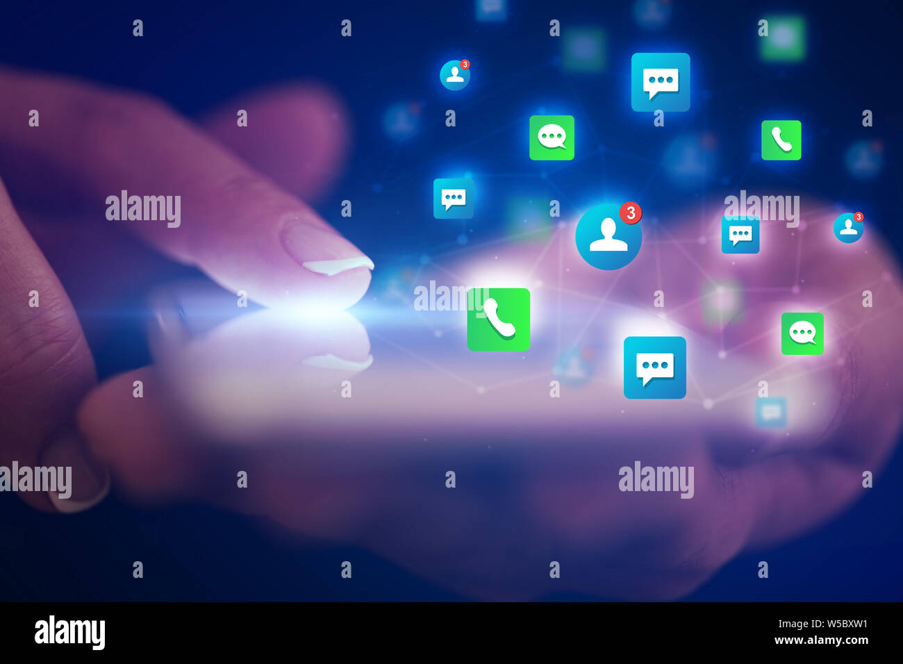 Finger touching phone with friends and contact concept and dark ...