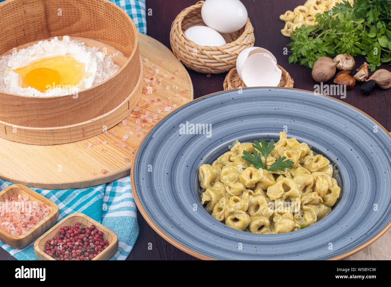 Conchiglie pasta. Italian pasta shells with mushrooms and tomato sauce ...