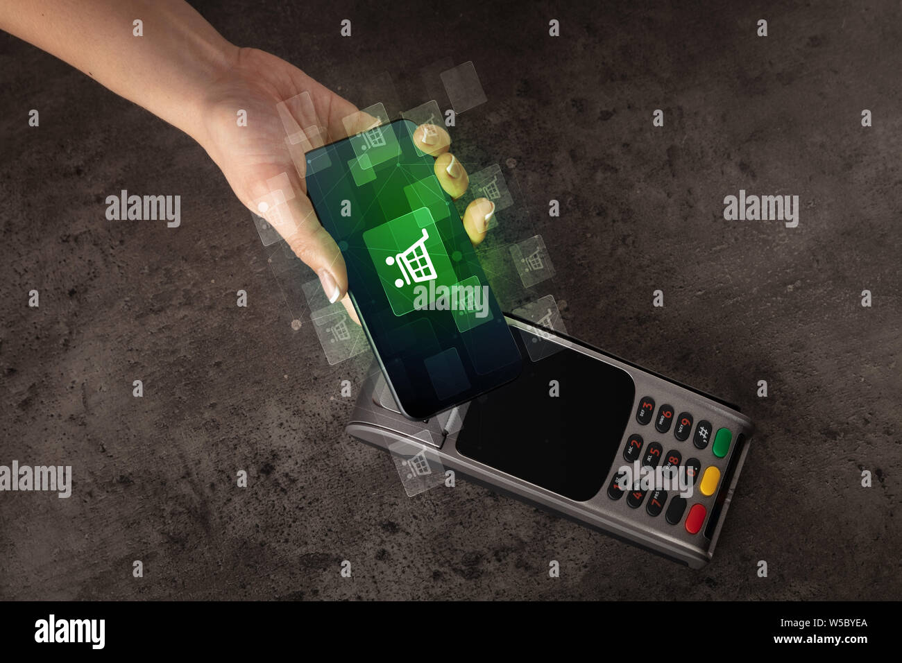 Easy paying with mobile phone in the market Stock Photo - Alamy
