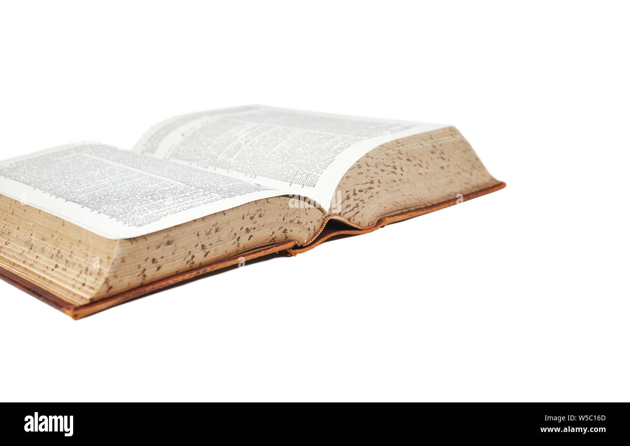 Large vintage dictionary covered in leather laying open isolated on ...