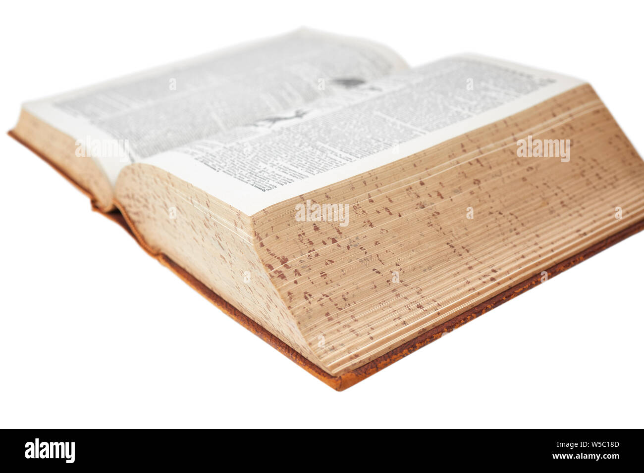 Large vintage dictionary covered in leather laying open isolated on ...