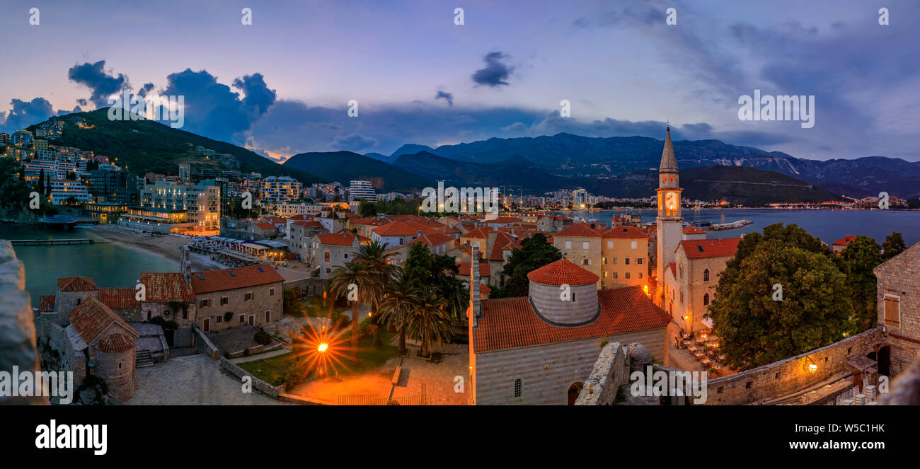 Sunset aerial view of Budva Old Town from the Citadel with the Holy ...