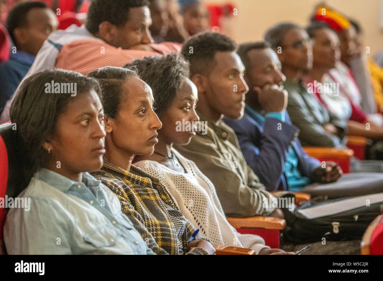 Students listen to a lecture at Debre Berhan University, Debre Berhan ...