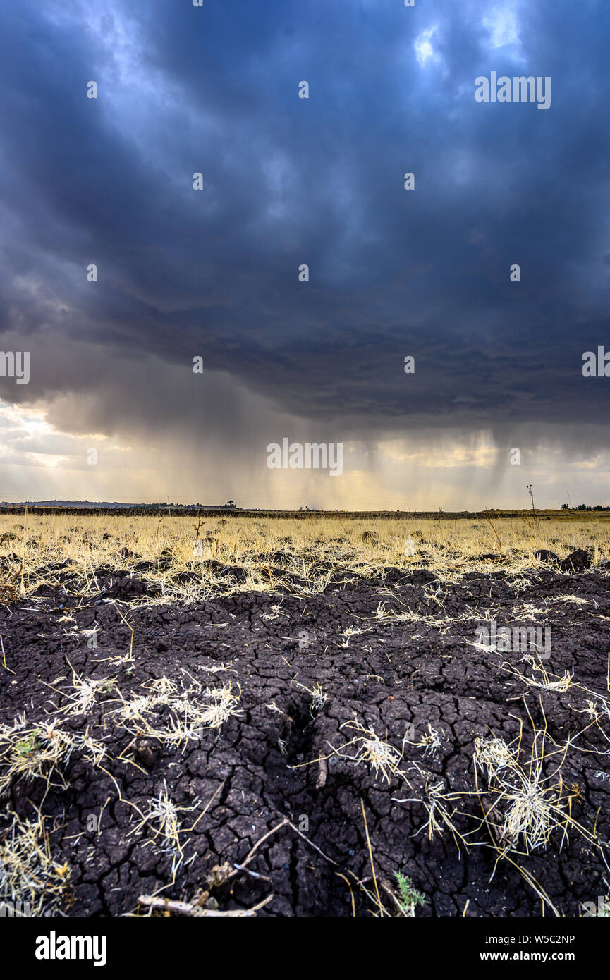 Stormy skies begin to pour rain over fields in Debre Berhan, Ethiopia ...