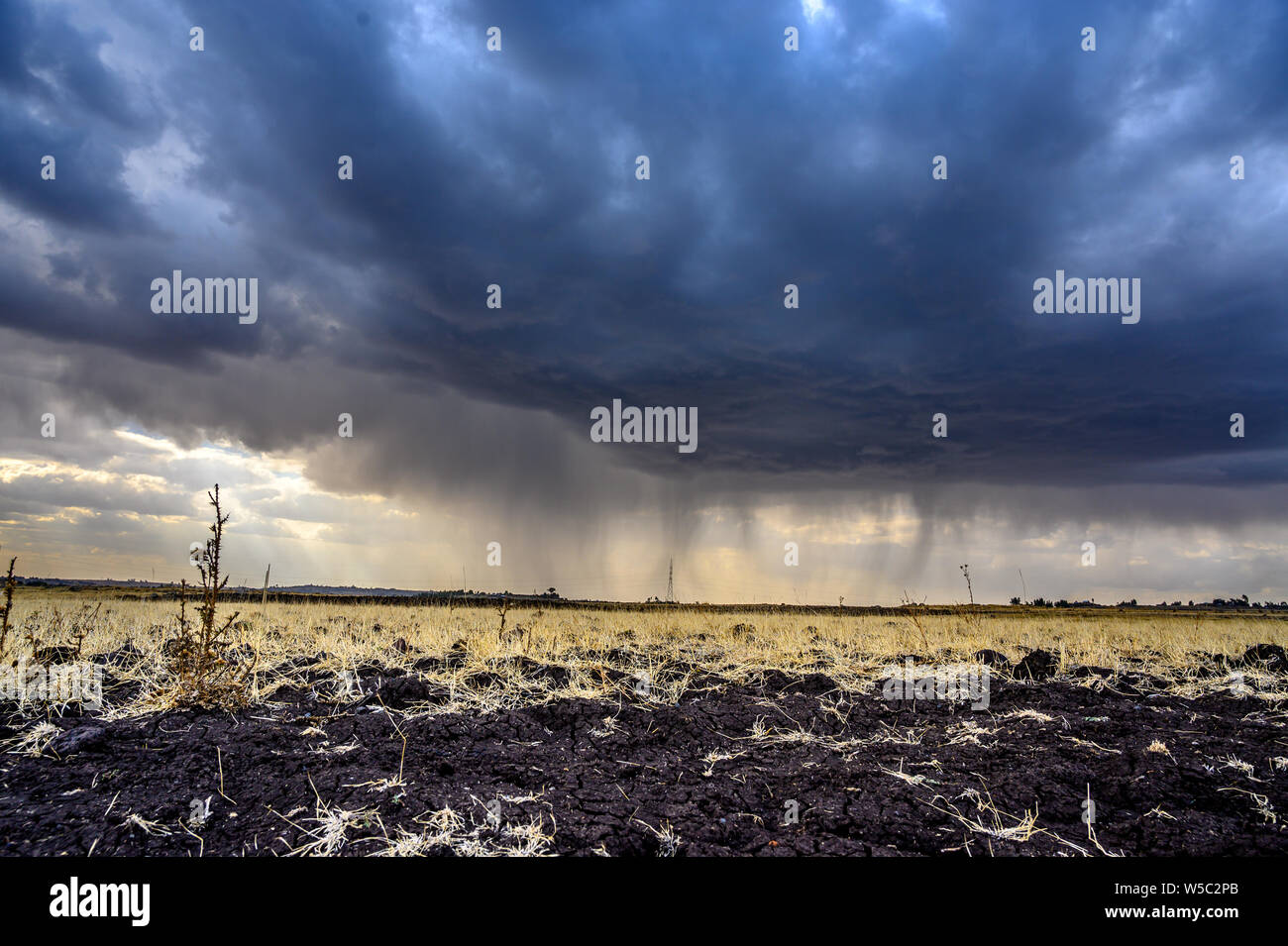 Stormy skies begin to pour rain over fields in Debre Berhan, Ethiopia ...