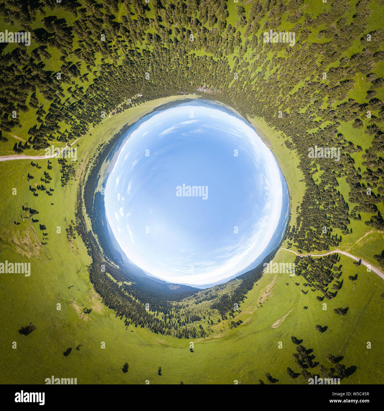Helicopter drone shot. A view from above of a green forest and a large ...