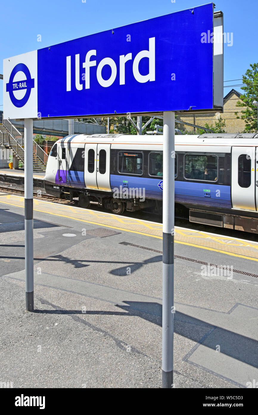 Crossrail train at Ilford tfl Elizabeth line railway station platform ...