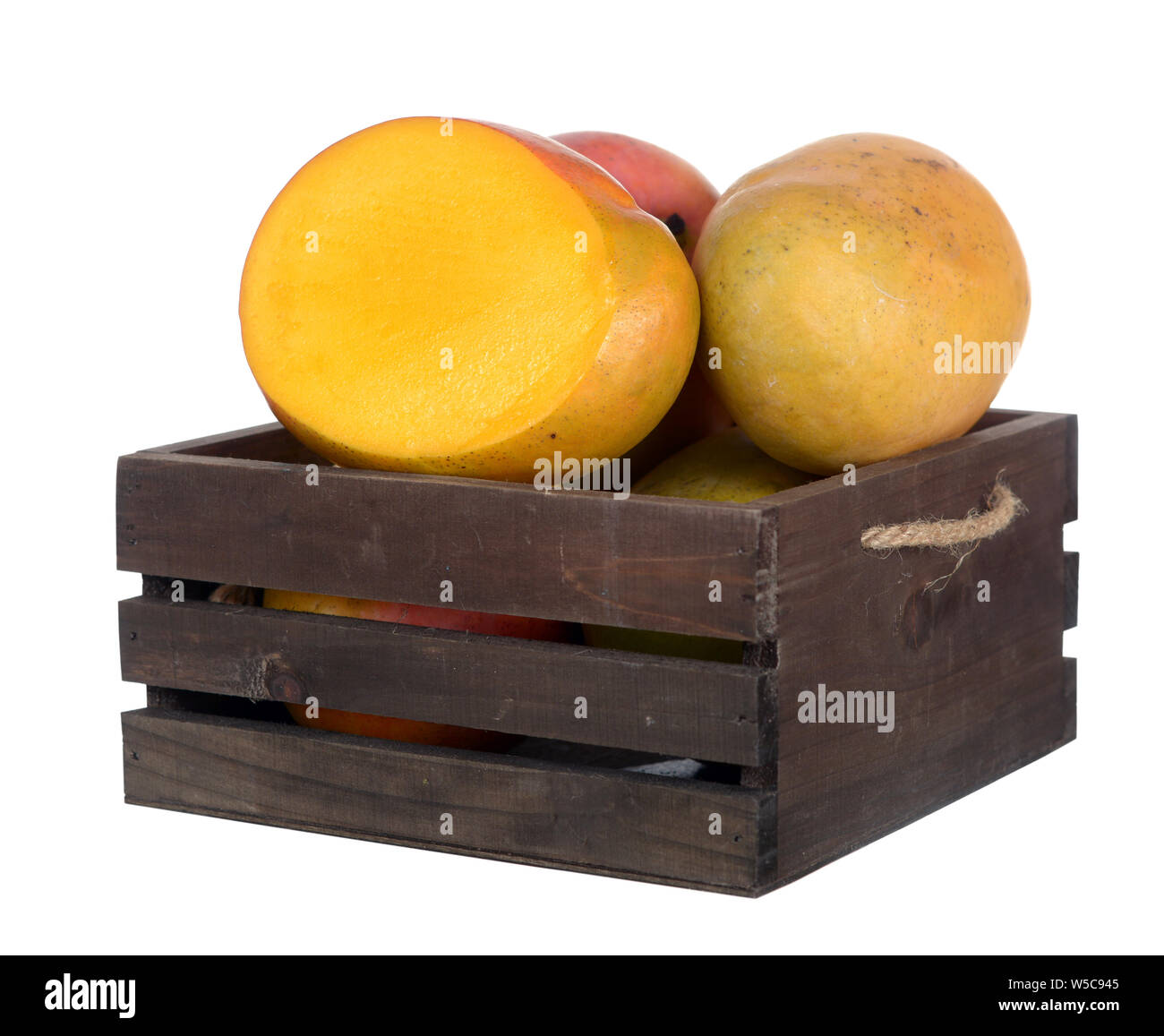 sweet and delicious mango with crate isolated on white Stock Photo - Alamy