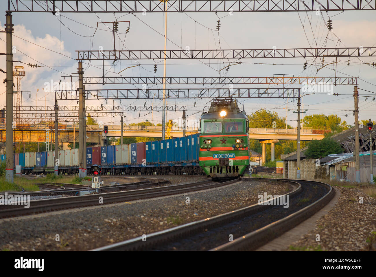SHARYA, RUSSIA - JULY 03, 2019: Freight train leaves from the Sharya ...