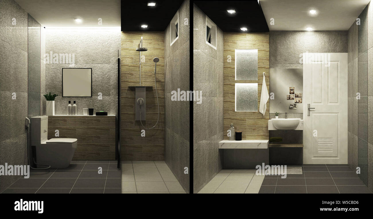 Toilet loft style tiles two tone interior design. 3D rendering Stock ...