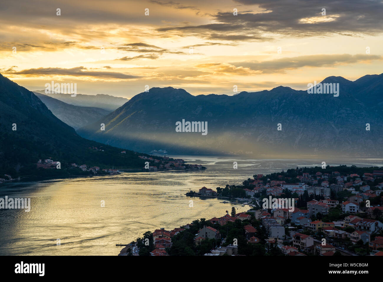 Montenegro, Spectacular sunset light beam in twilight atmosphere ...