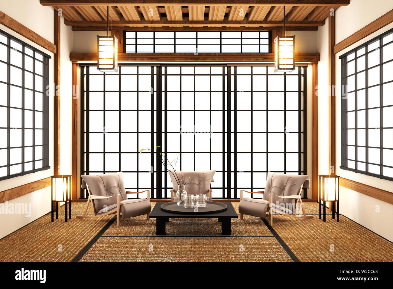 Japanese room interior in traditional and minimal .3D rendering Stock ...
