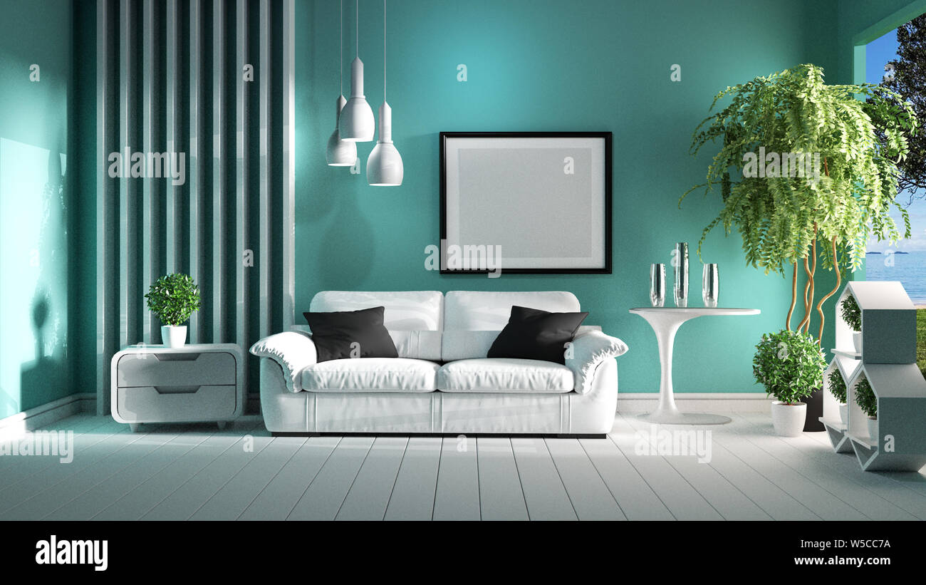 Mint wall on white floor - room empty. 3D rendering Stock Photo - Alamy