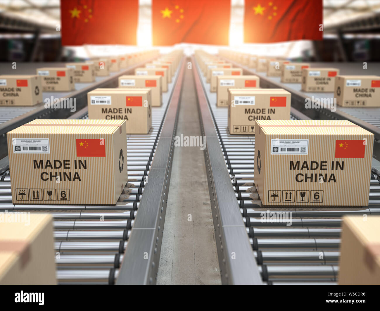 Made in China. Cardboard boxes with text made in China and chinese flag ...