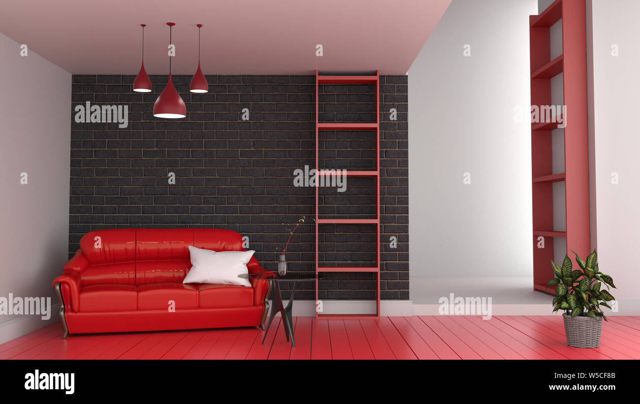 Modern red room interior, Living room with red sofa and red floor of ...