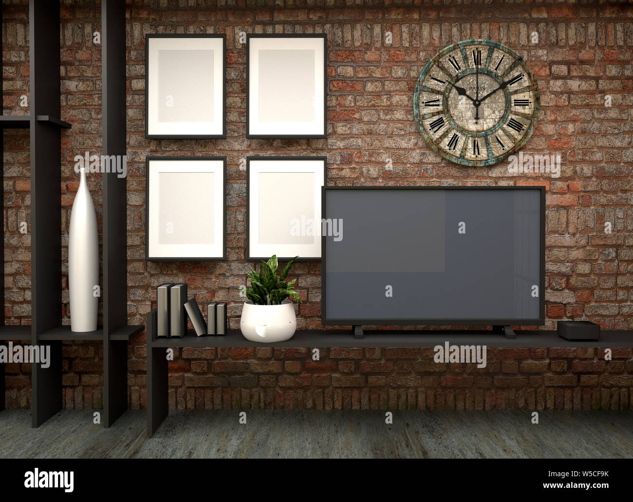 TV on the wall in Loft living room. 3d rendering Stock Photo - Alamy