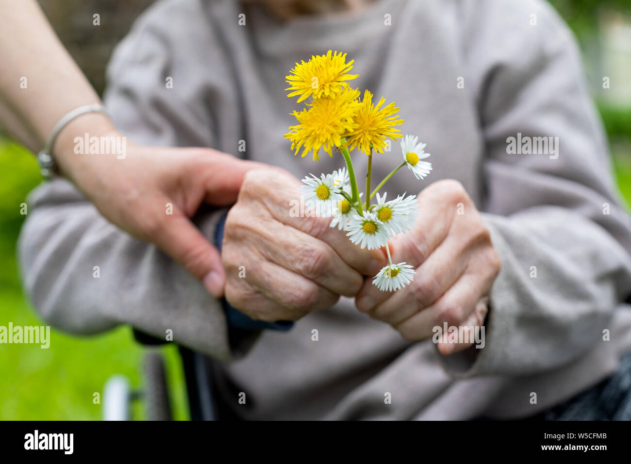 Close up picture of elderly woman with dementia holding flower bouquet ...