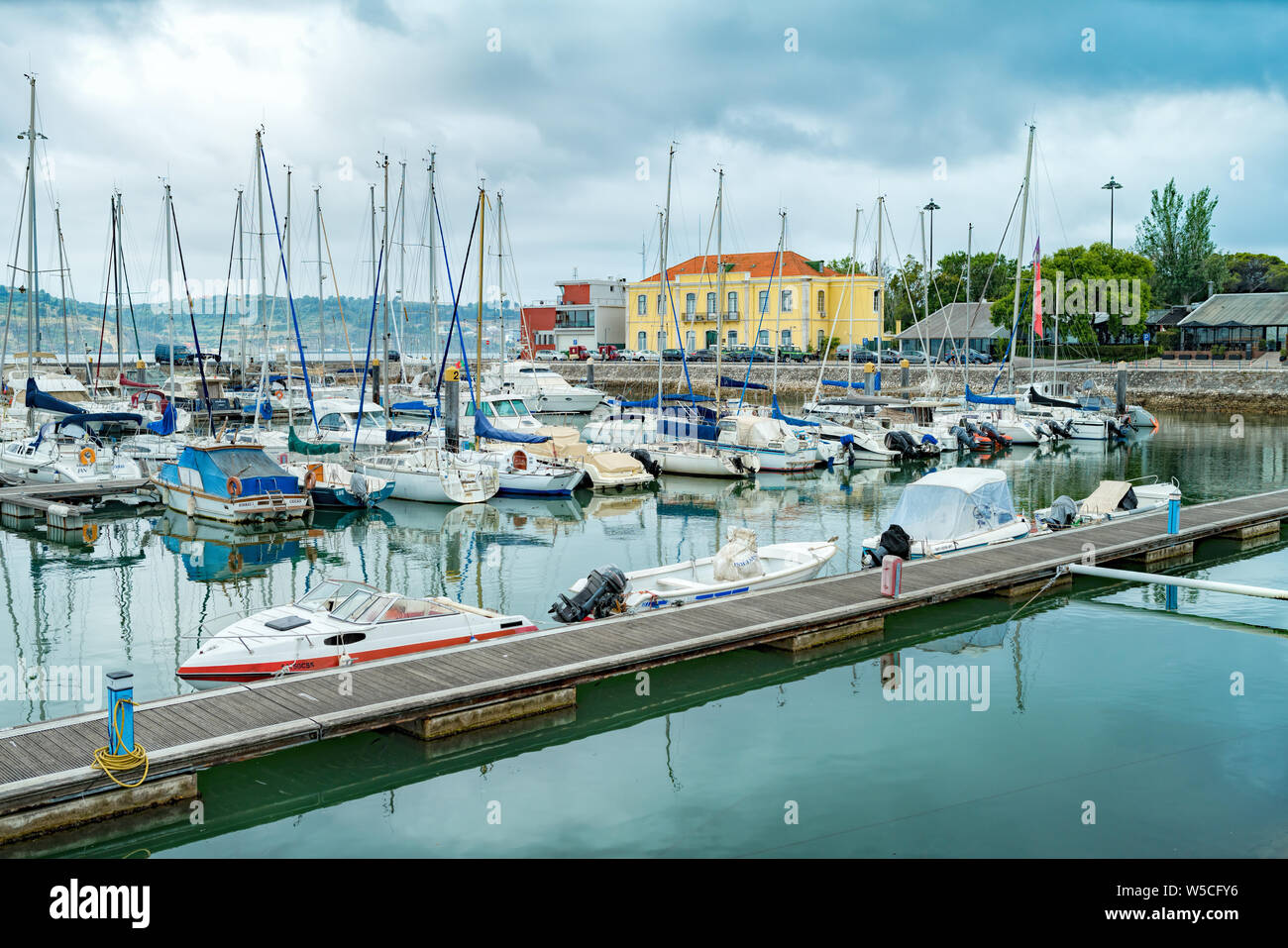 Yachts berthed at the Belem Boat Docks, at Belem on the coast of Lisbon ...