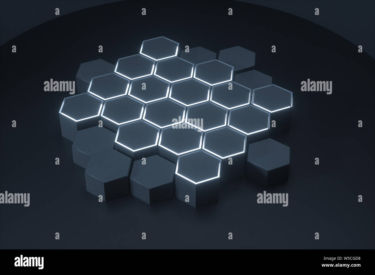 Dark hexagonal platforms connected together background, 3d rendering ...