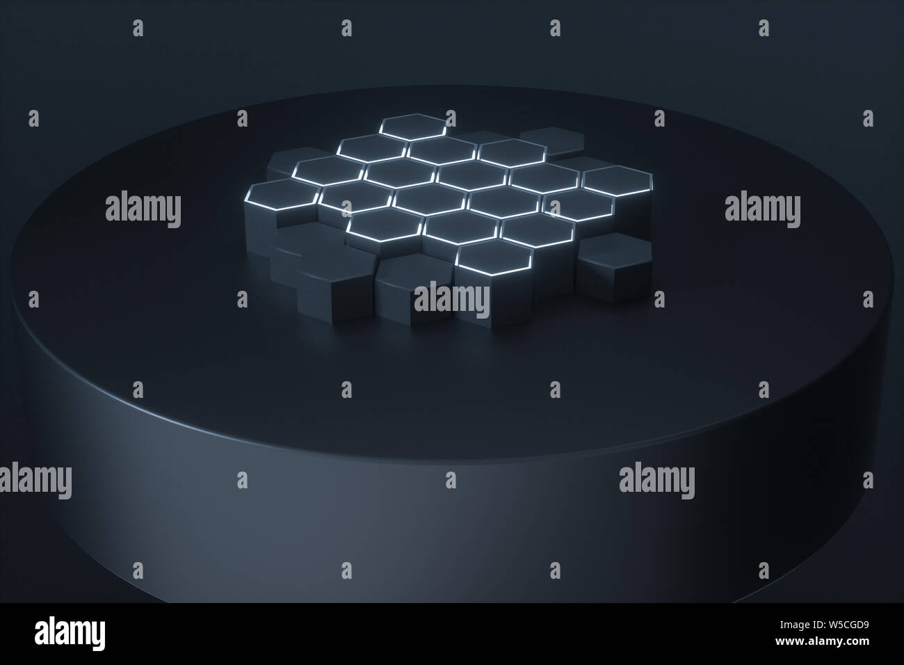 Dark hexagonal platforms connected together background, 3d rendering ...