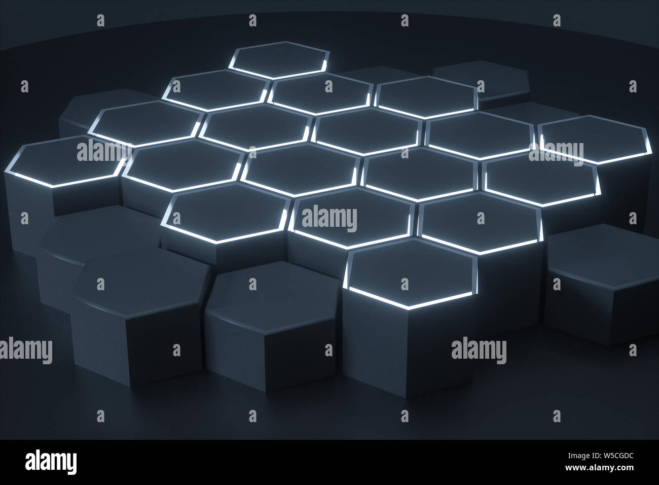 Dark hexagonal platforms connected together background, 3d rendering ...