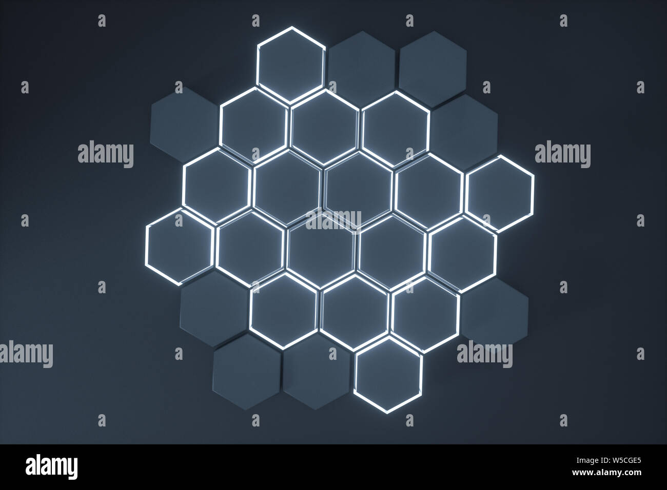 Dark hexagonal platforms connected together background, 3d rendering ...
