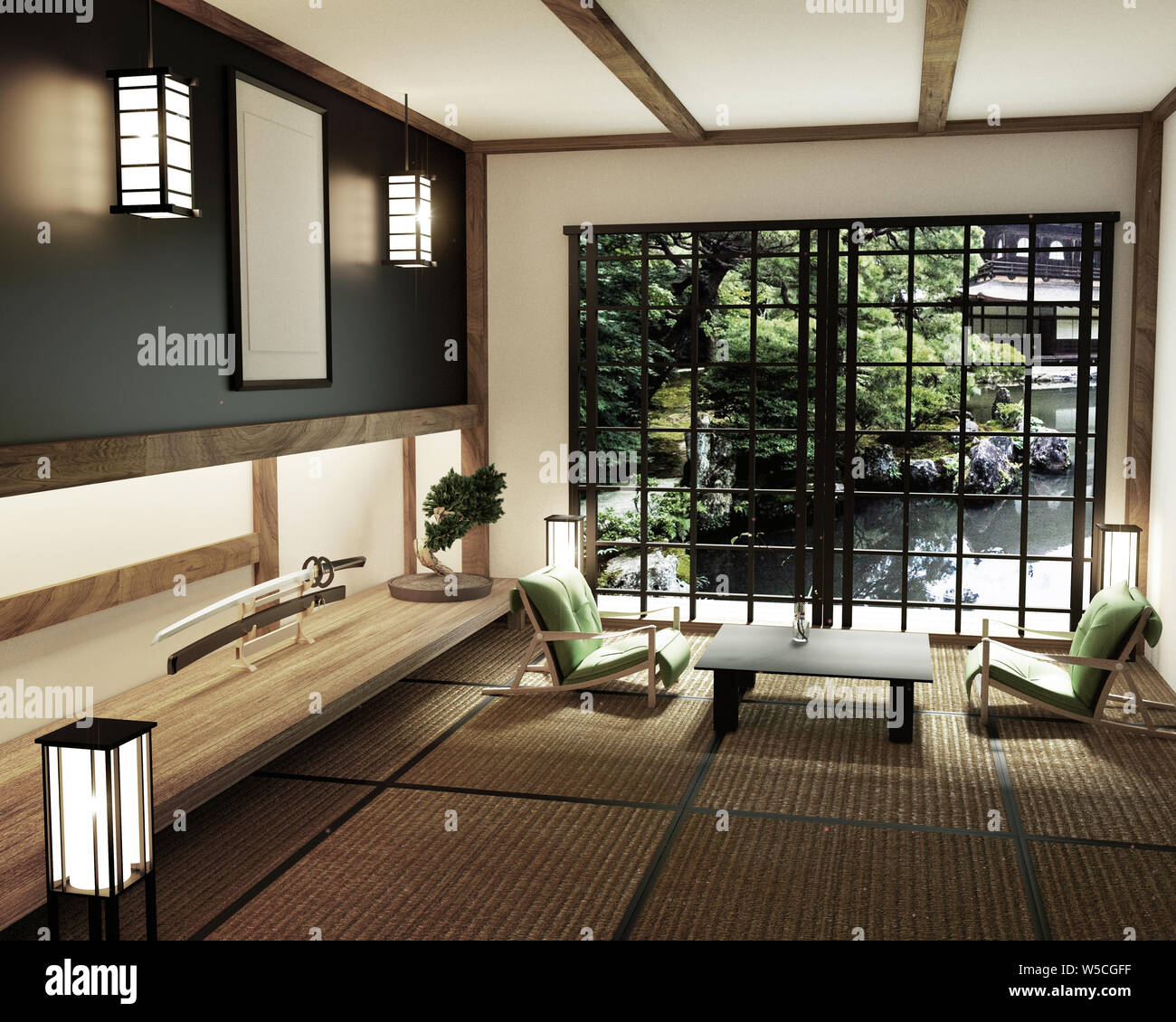 interior design,modern living room with table katana sword lamp and ...