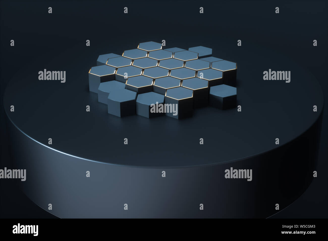 Dark hexagonal platforms connected together background, 3d rendering ...