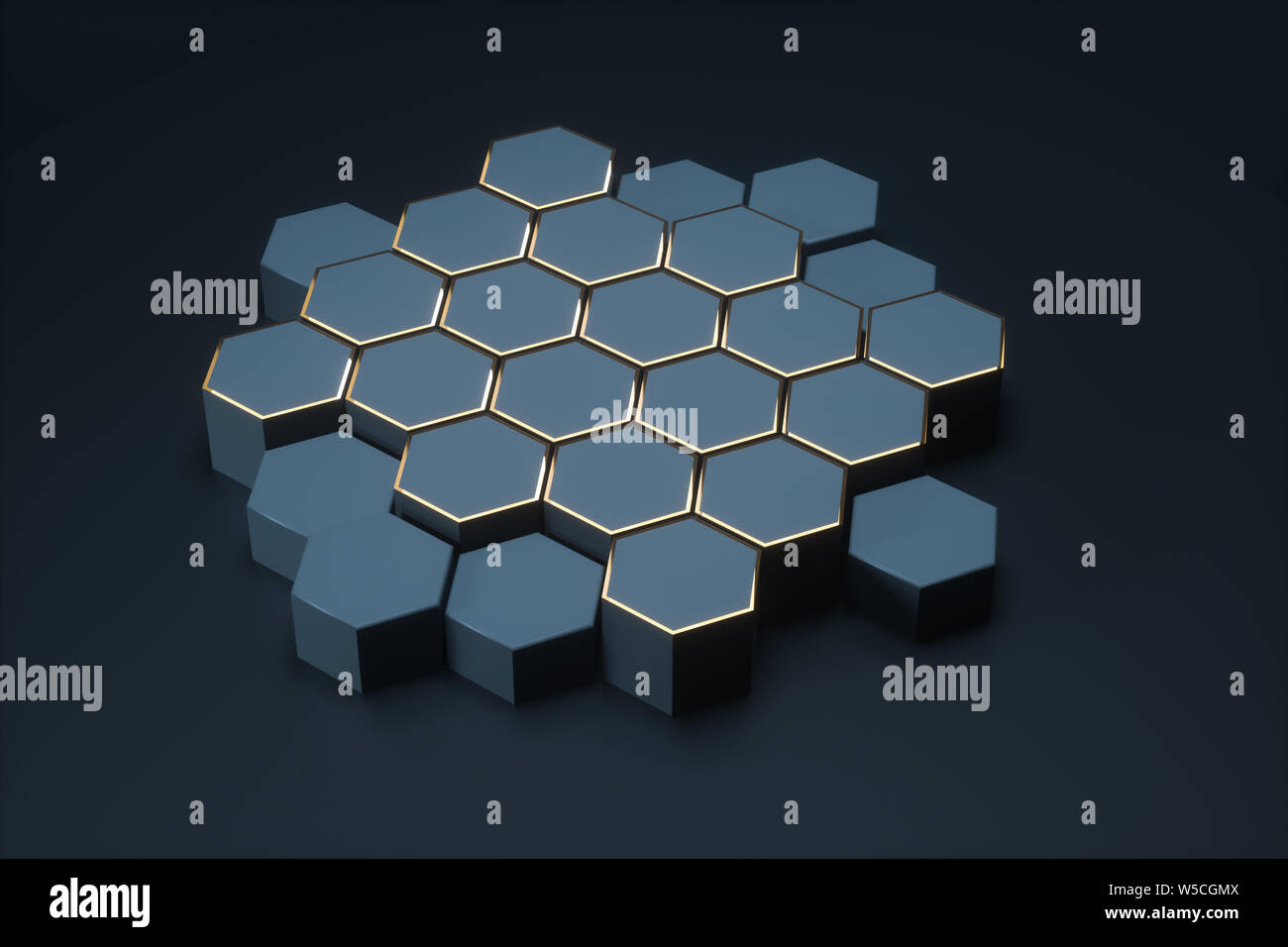 Dark hexagonal platforms connected together background, 3d rendering ...