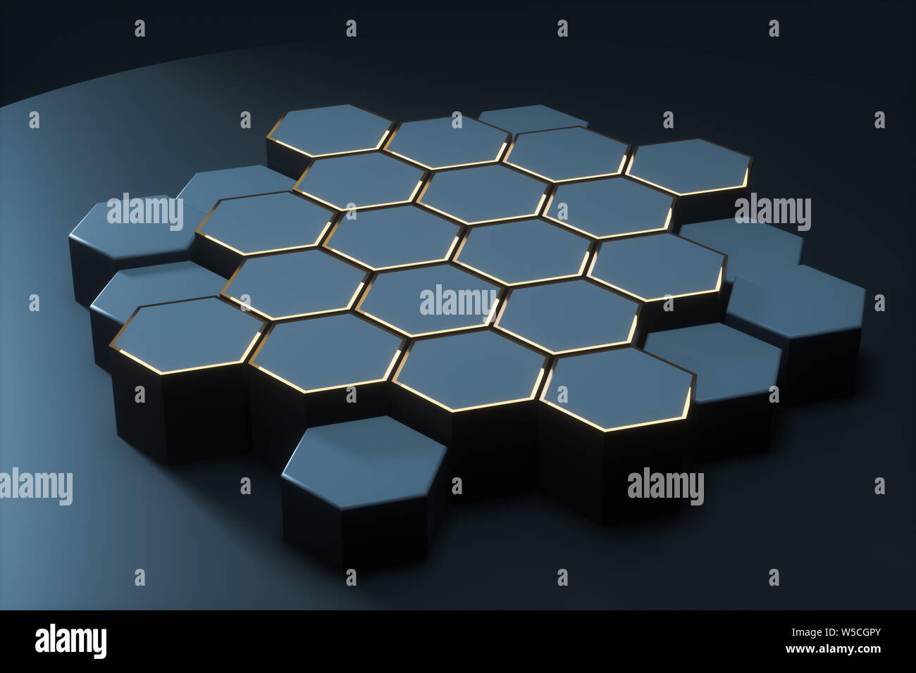 Dark hexagonal platforms connected together background, 3d rendering ...