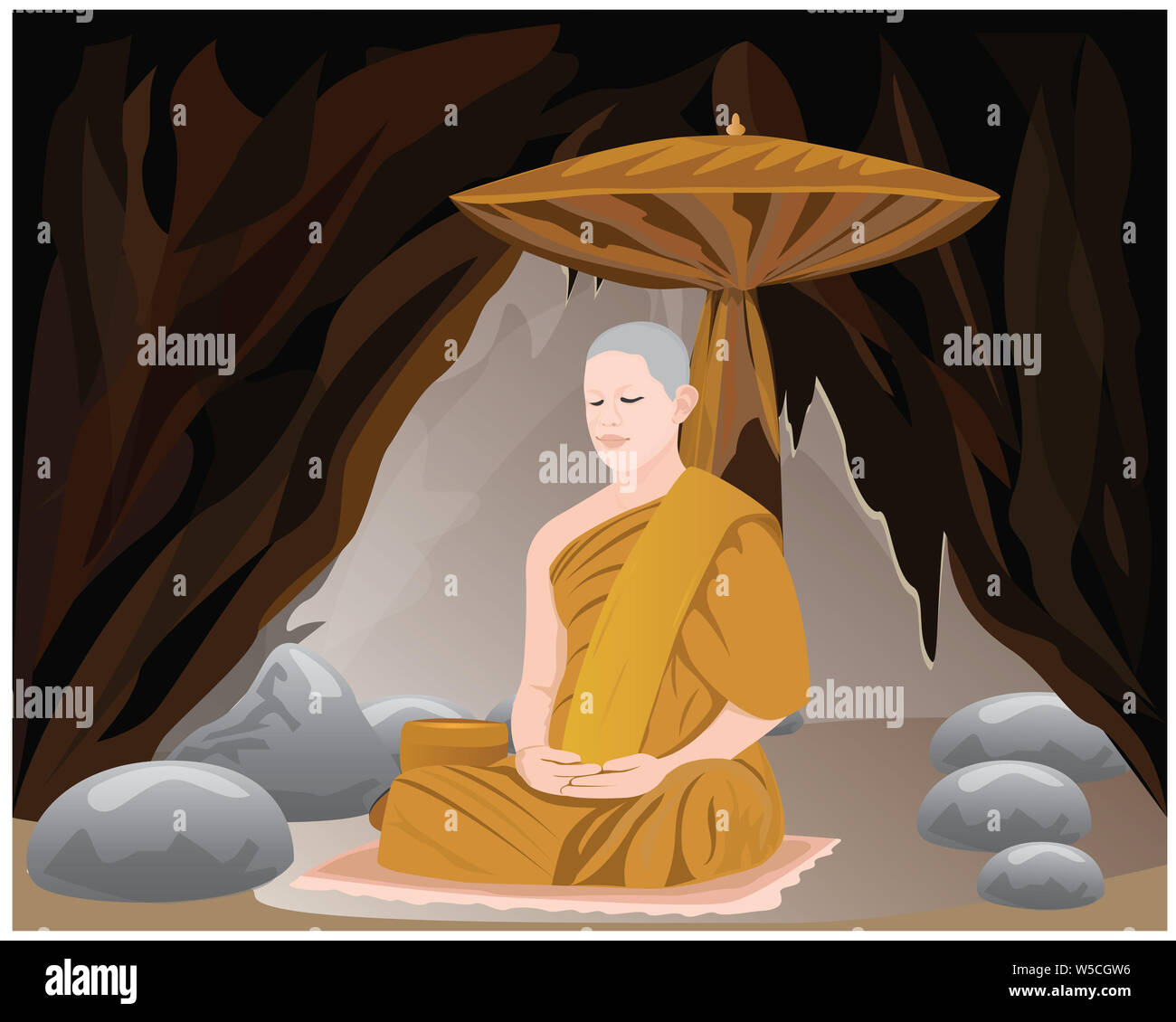 one monk meditation in cave vector design Stock Photo - Alamy