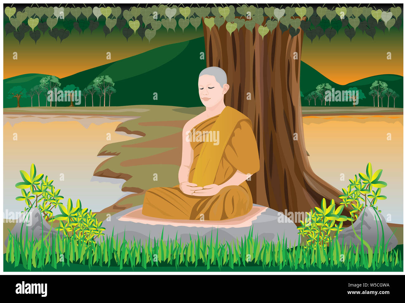 One monk in Buddhism meditation under the tree vector design Stock ...