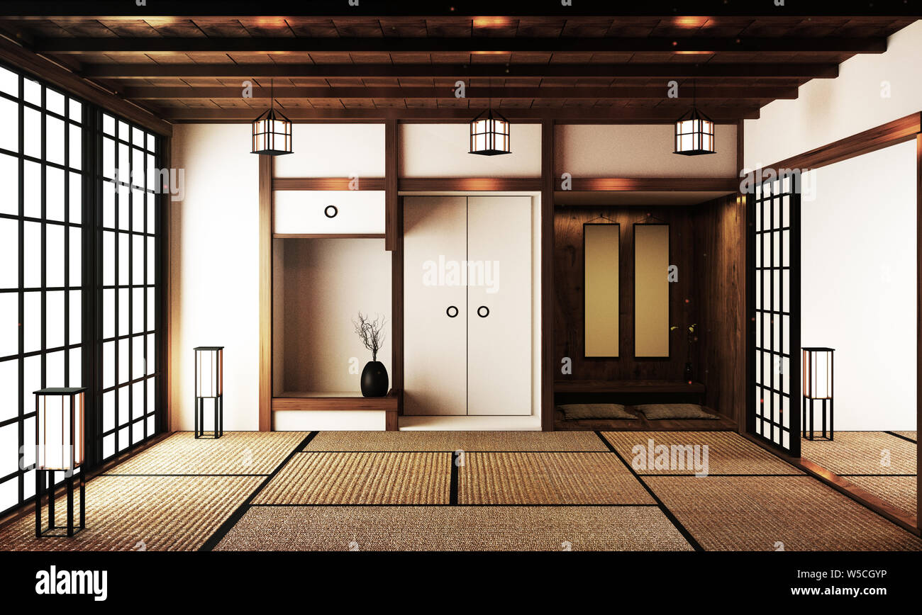 interior design,modern living room with table on tatami mat floor ...