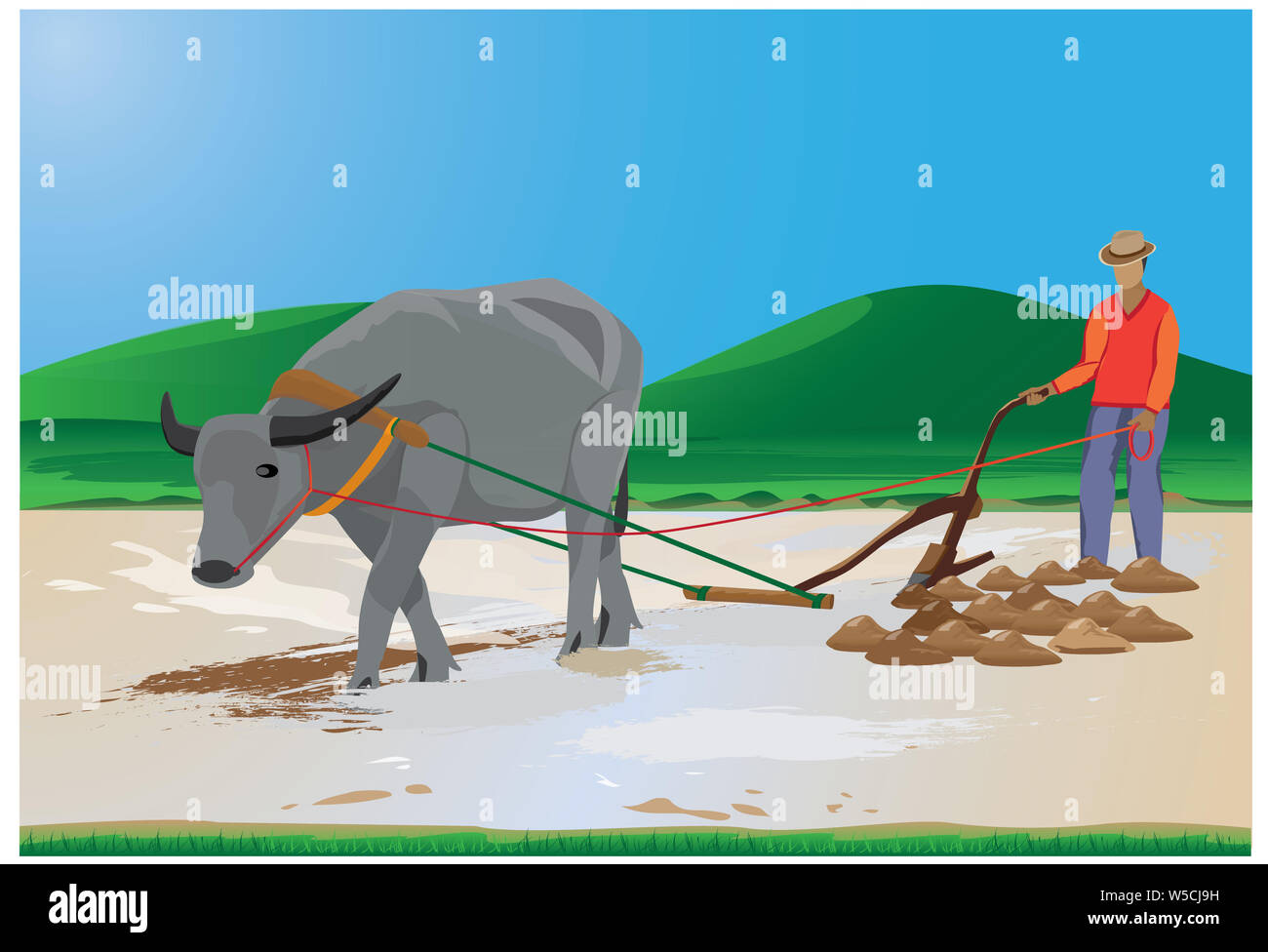 farmer plow in paddy field vector design Stock Photo - Alamy