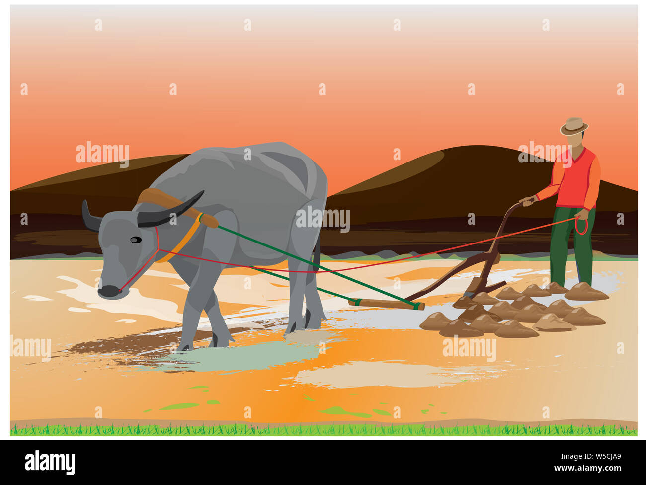 farmer plow in paddy field vector design Stock Photo - Alamy