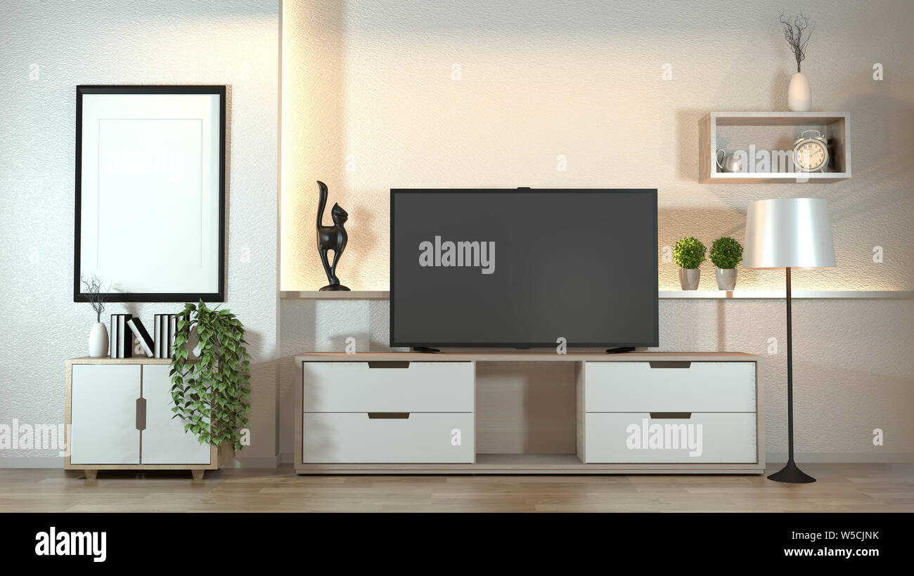 Cabinet in modern zen living room with decoration zen style on white ...