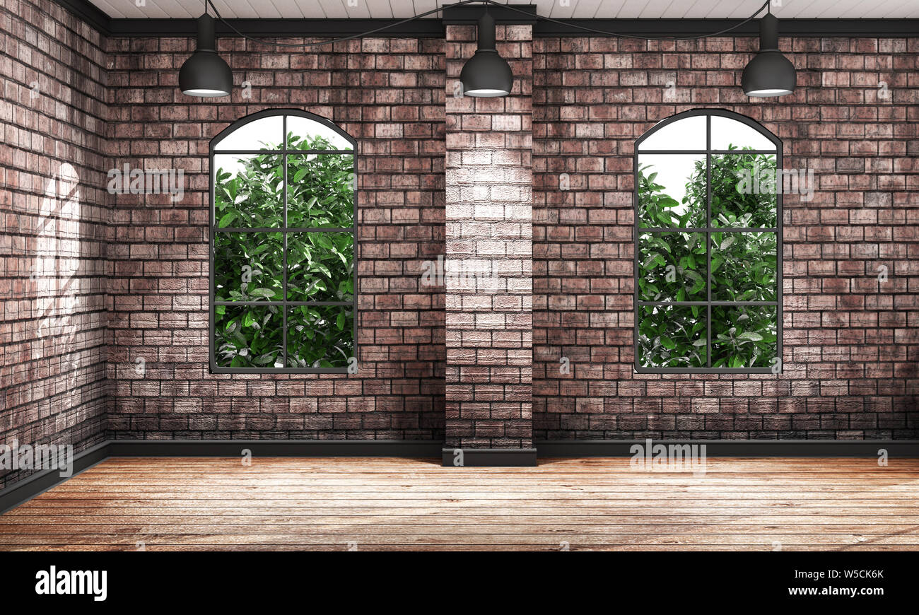 Brick wall lamp loft interior decoration empty room. 3D rendering Stock ...
