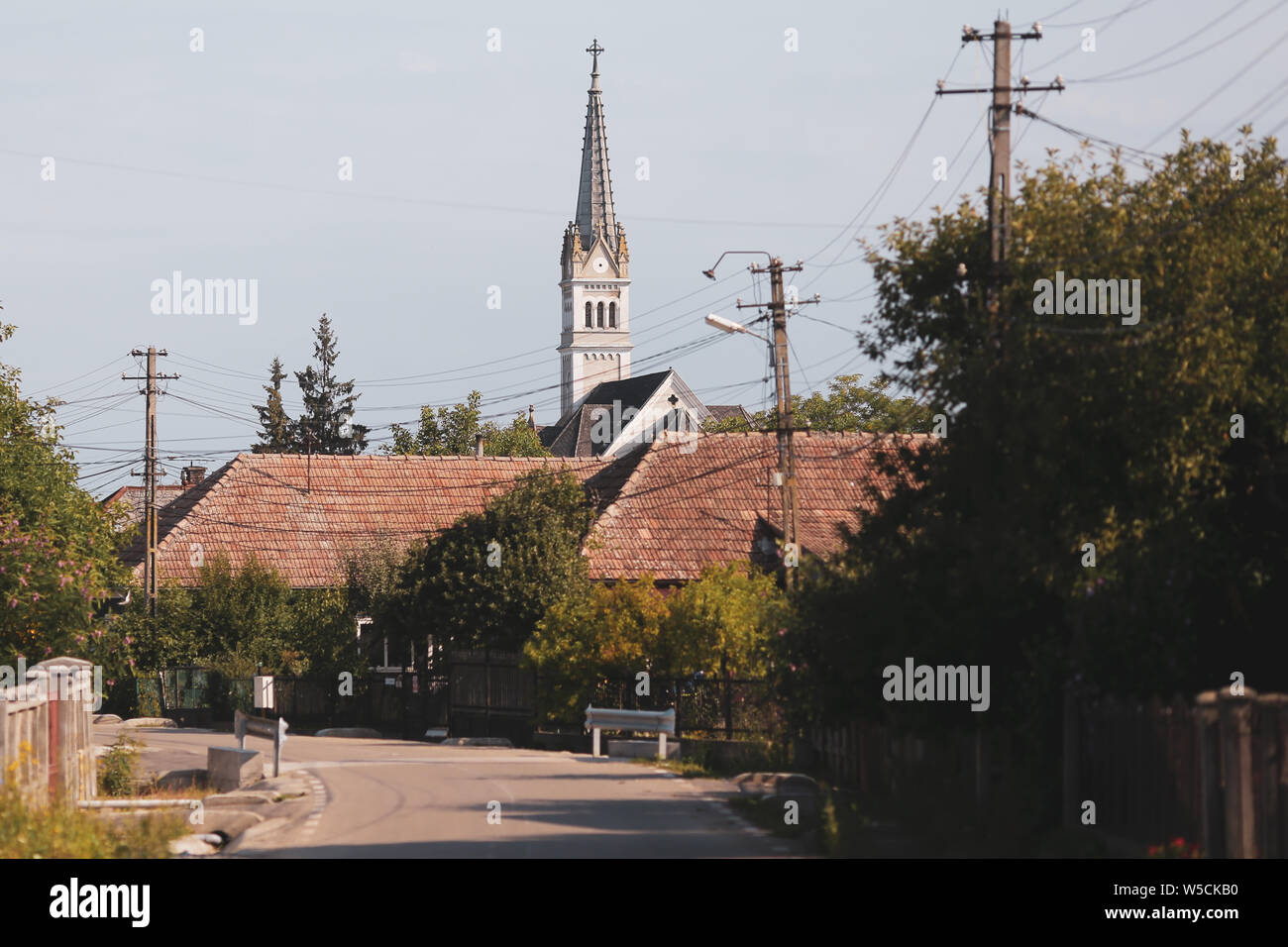Rural scene from a village in Romania: street, houses and a church ...