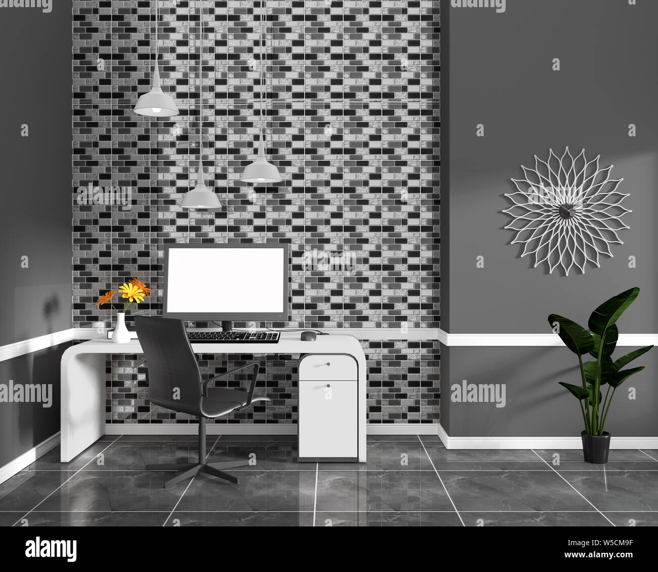 Black Mosaic tile wall design on black granite tile in workroom office ...