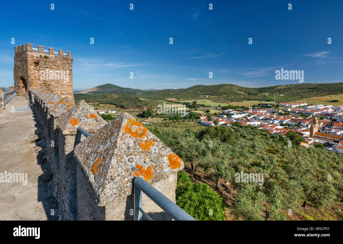 Lichens growing on merlons at battlement, Moorish castle over village ...