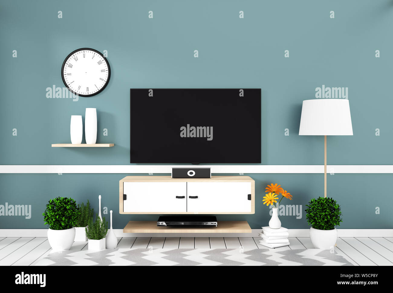 Smart Tv with blank screen hanging on the wall mint on white wooden ...