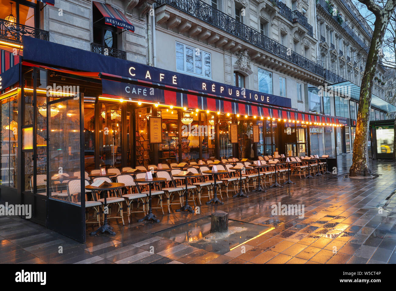 The Cafe Republique at rainy morning . It is traditional French cafe ...