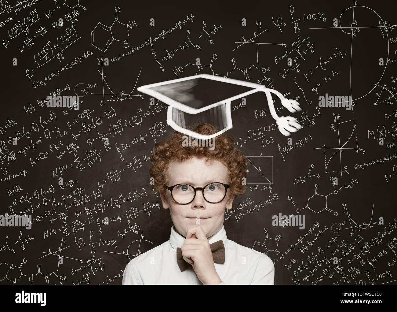 Cute thinking little boy student on science background, vintage retro ...