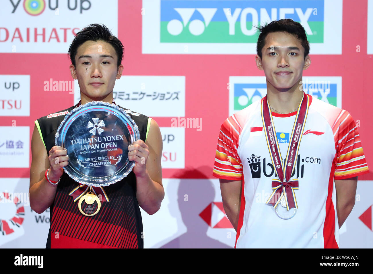 Tokyo, Japan. 28th July, 2019. (L-R) Kento Momota (JPN), Jonatan Christie (INA) Badminton ...